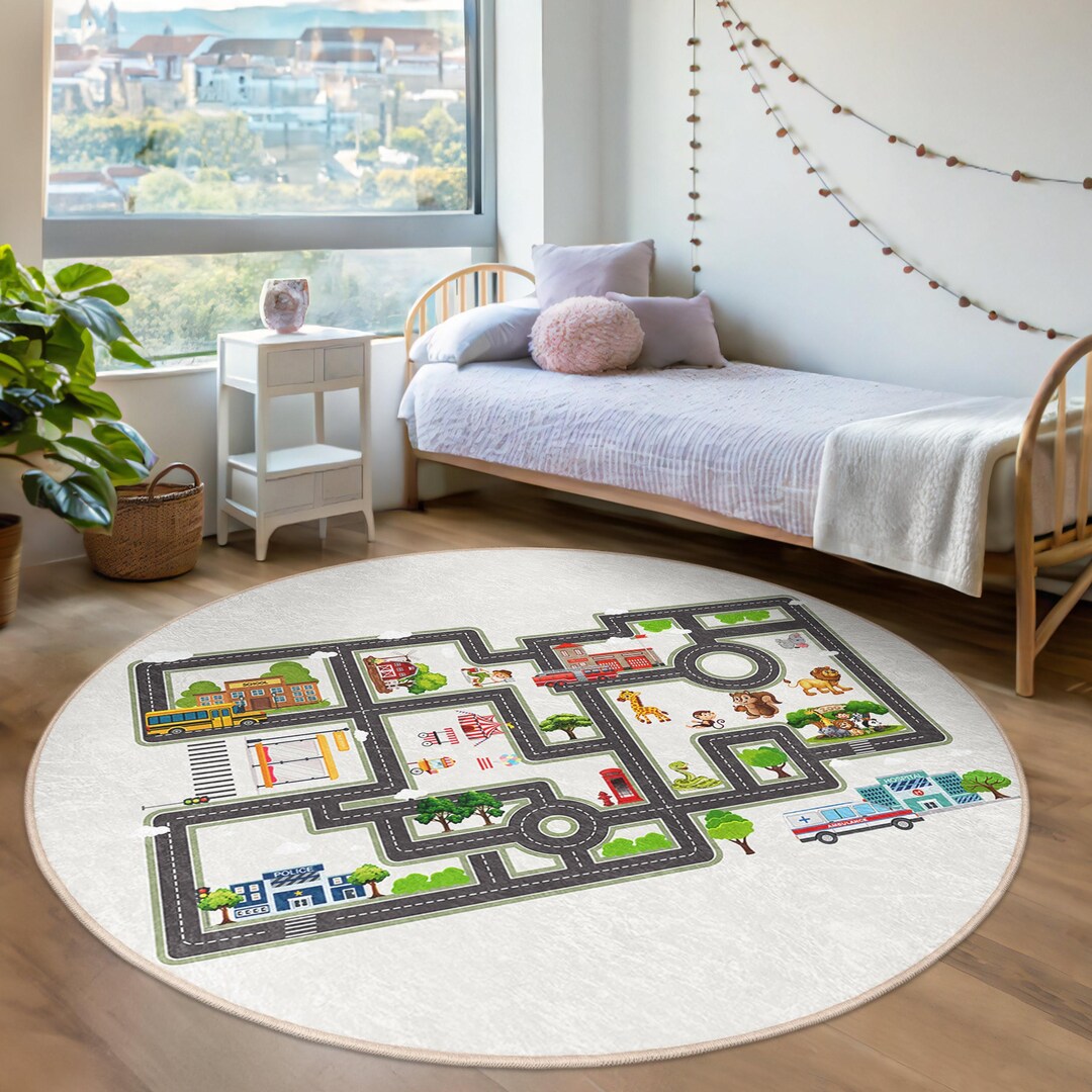 City Roads Play Circle Carpet-town Map Roadway Oval Mat-animal ...