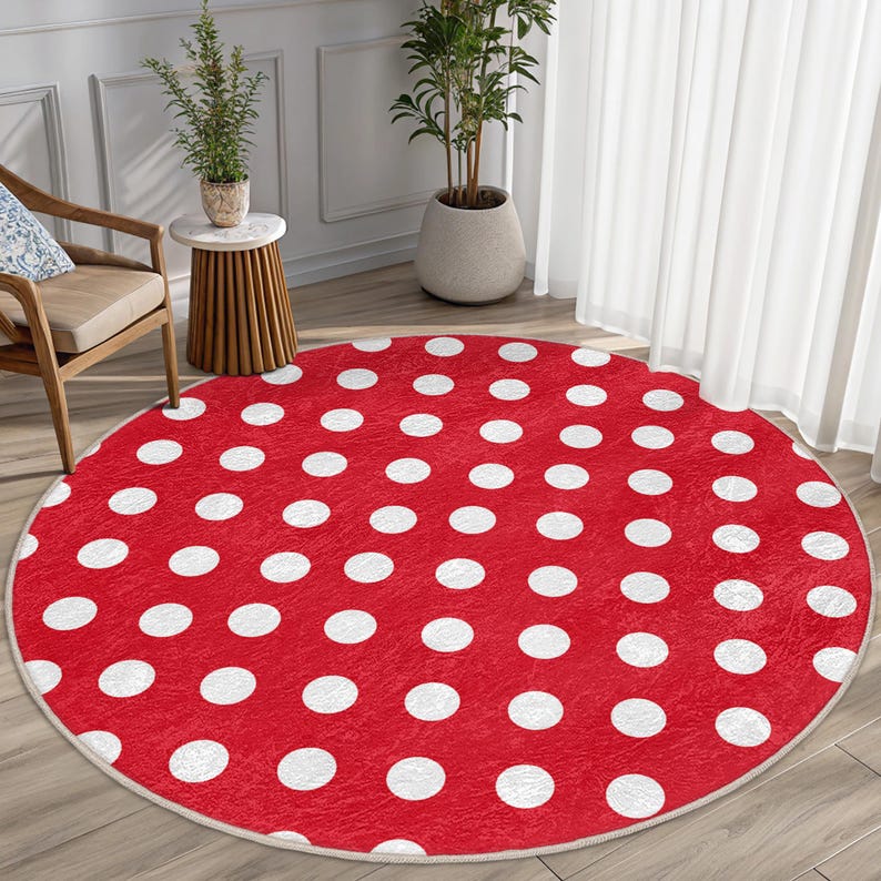 Red Polka Dot Pattern Round Rug - White Dot Vibrant Design Circle ...
