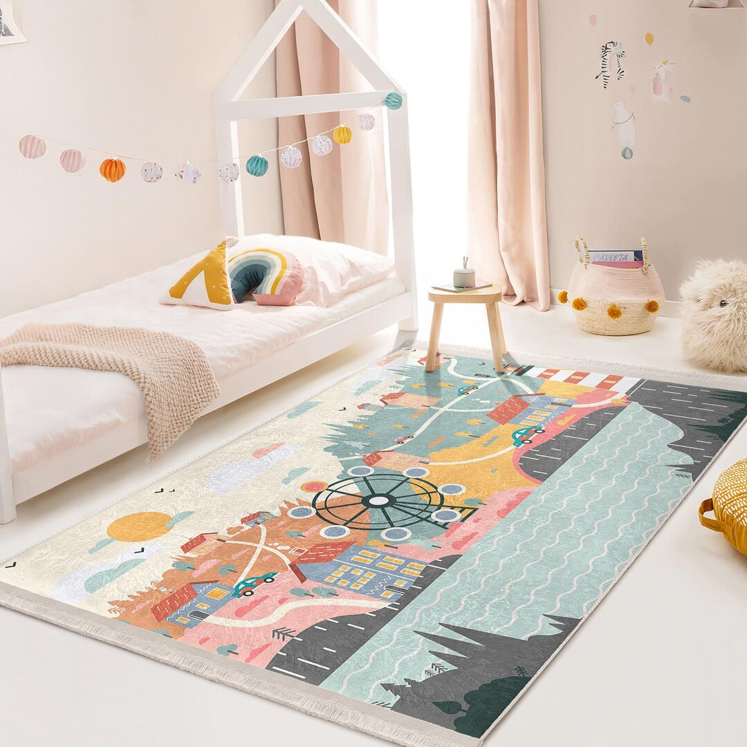 Cartoon Landscape Adventure Rug - City Ferris Road Scene-colorful Kids ...