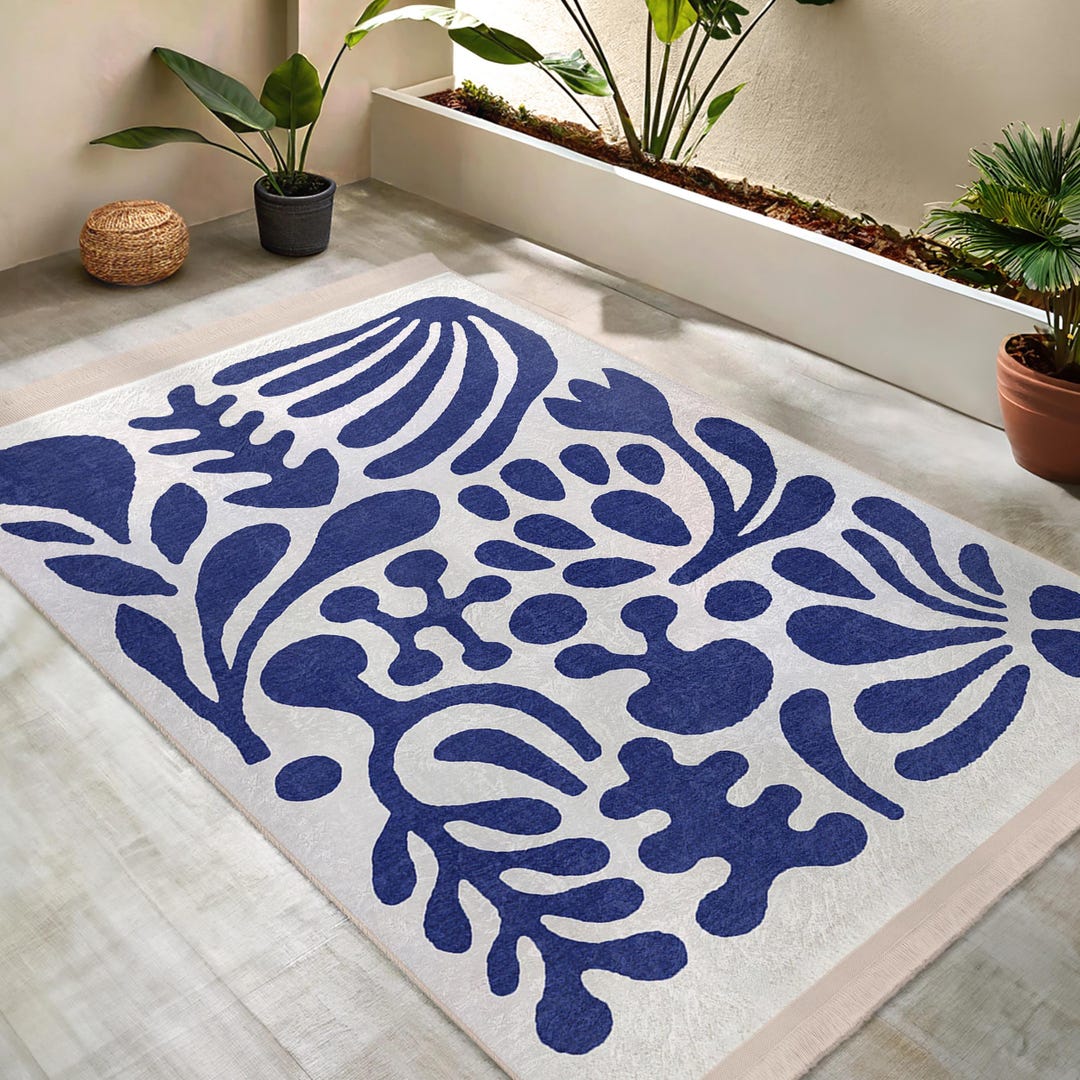 Abstract Blue Accent Rug - Bold Leaf Silhouette Carpet - Modern ...