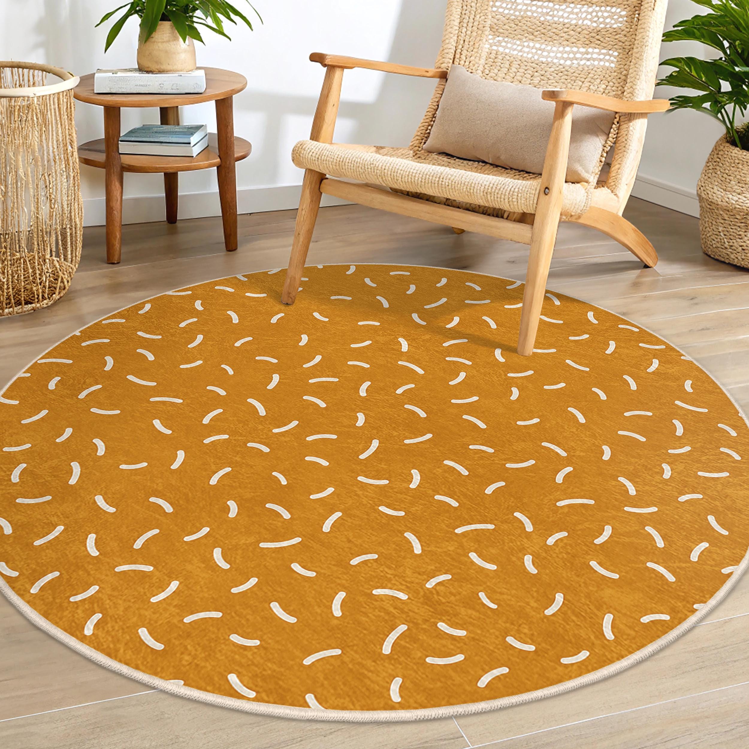 Mustard Sprinkle Pattern Round Rug - Dotted White Lines Area Carpet ...