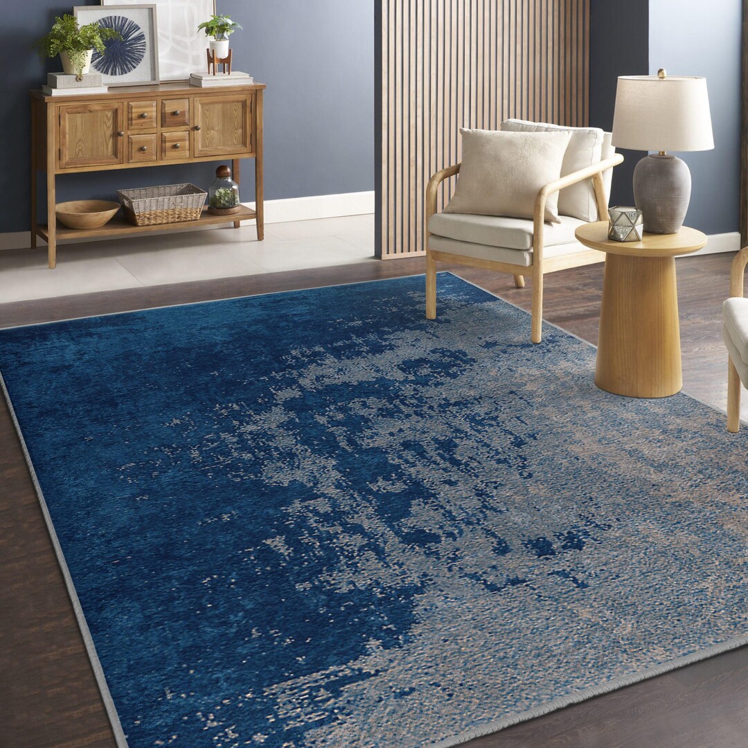 Modern Abstract Blue Area Rug - Distressed Pixelated Carpet - Navy ...