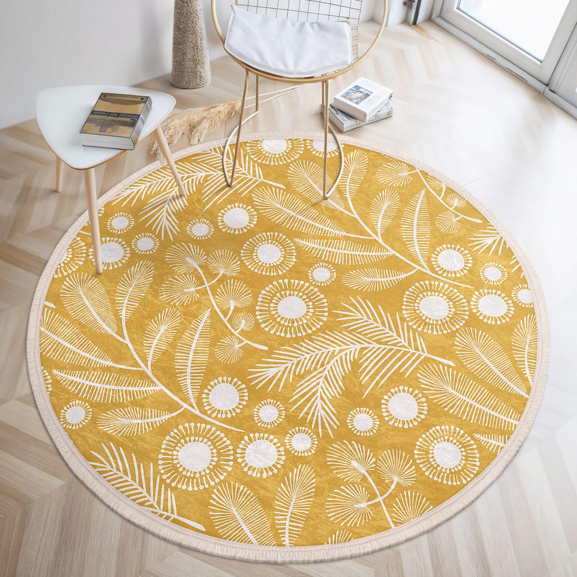Botanical Floral Yellow Round Rug -pine Cones Dandelion Pattern-circle ...