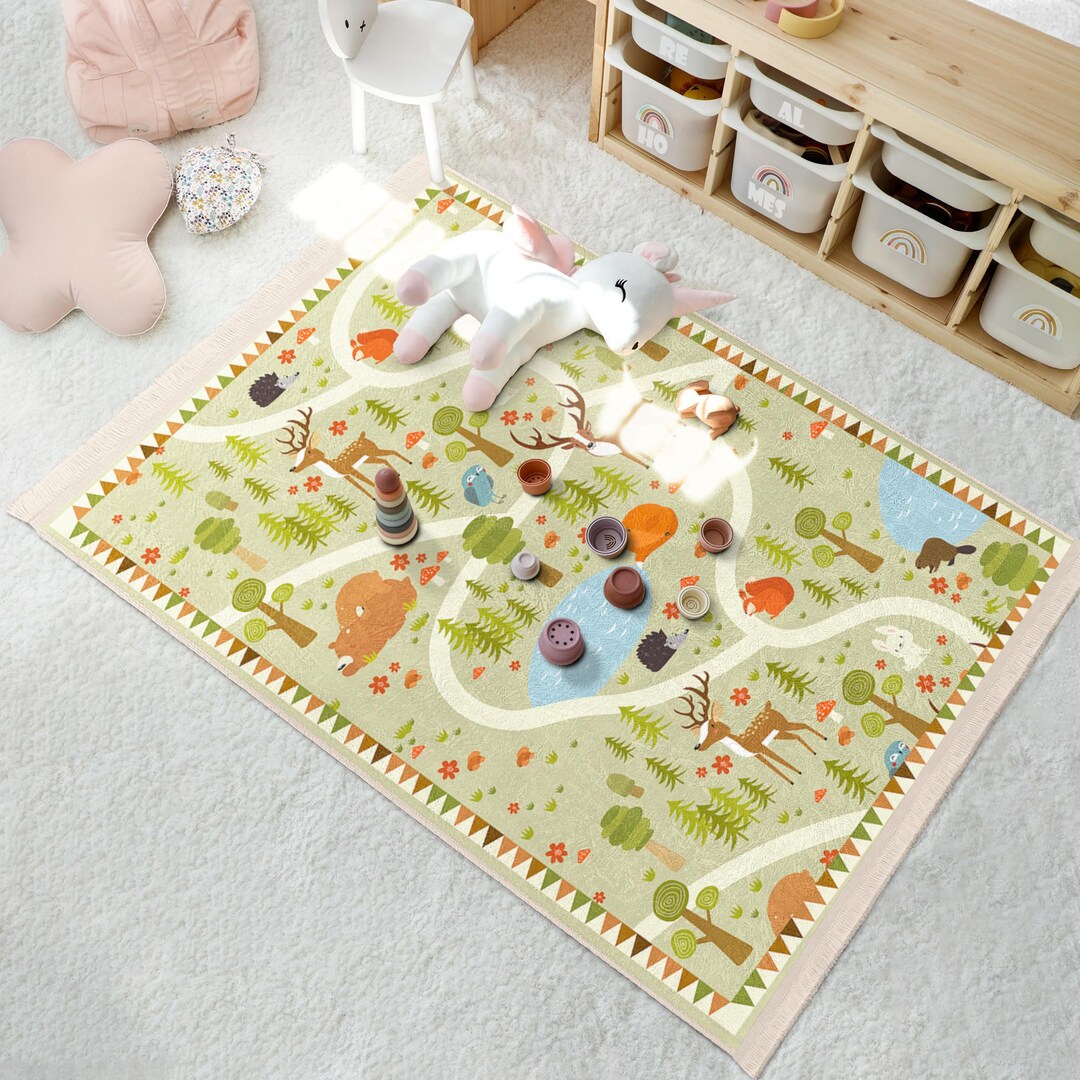 Forest Adventure Kids Rug - Jungle Animal Path Play Mat - Vibrant Green ...