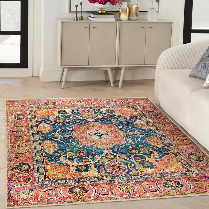Brocade Multicolor Area Rug-vintage Floral Medallion Accent Carpet ...