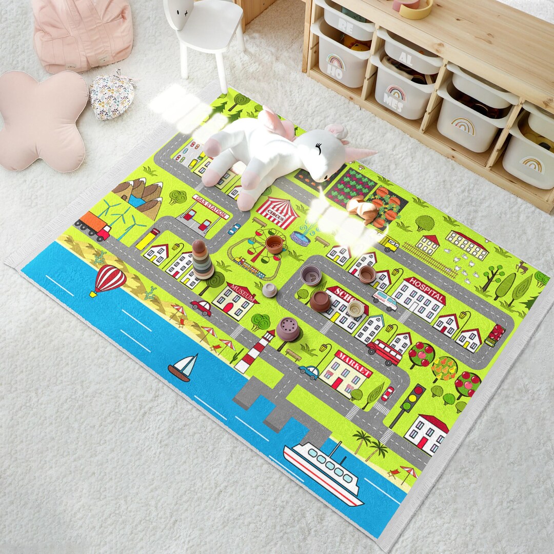 Playful Town Map Rug - Bright Cartoon Road Mat - Kids Playroom Carpet ...
