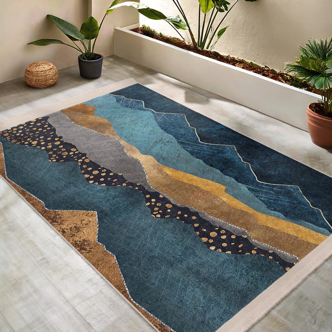Waves Blue Area Rug - Gold Polka Lines Mat - Modern Abstract Carpet ...