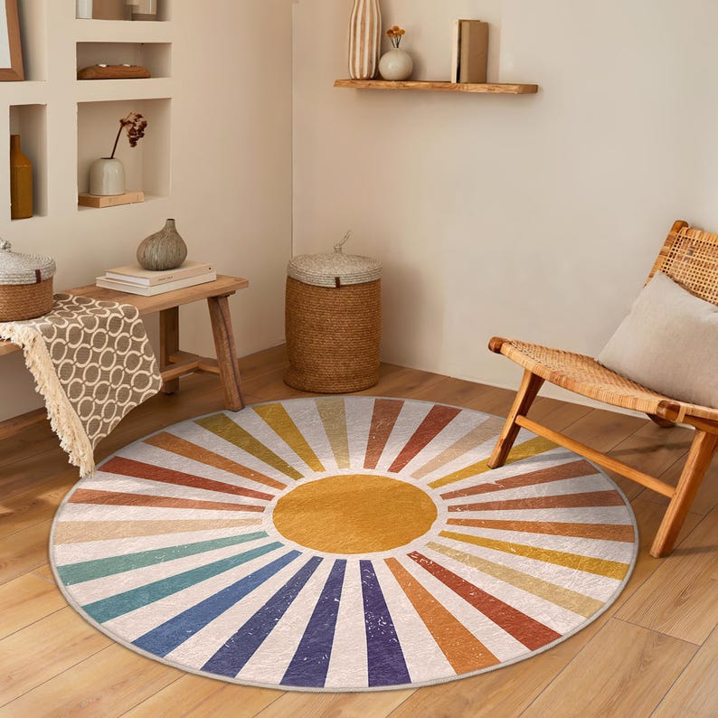Radiant Sunburst Design Round Rug - Colorful Rays Circle Carpet ...