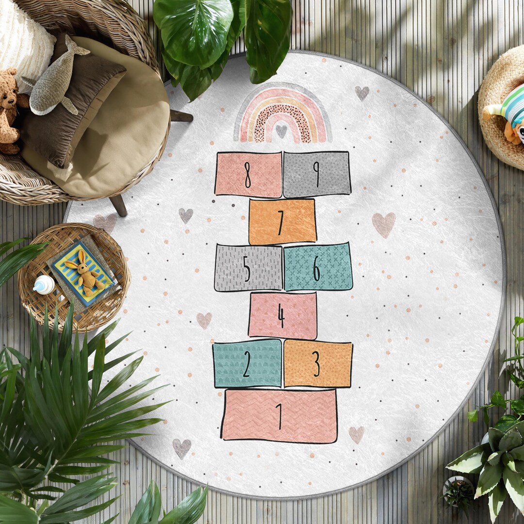Rainbow Hopscotch Kids Room Round Rug - Triangle Numbers Play Circle ...