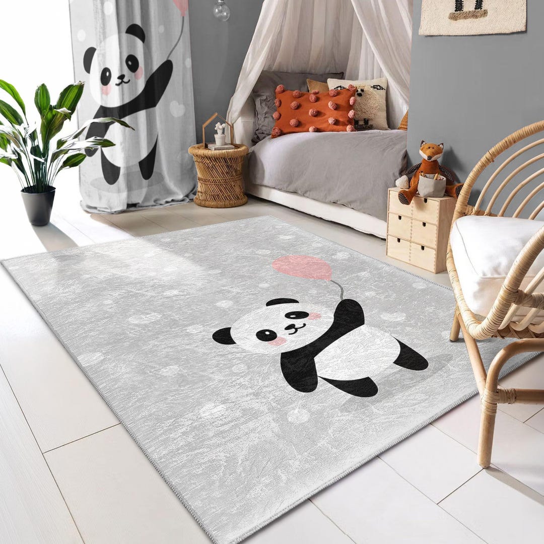 Whimsical Panda Gray Rug - Panda Balloon Design Mat - Carpet for Kids ...