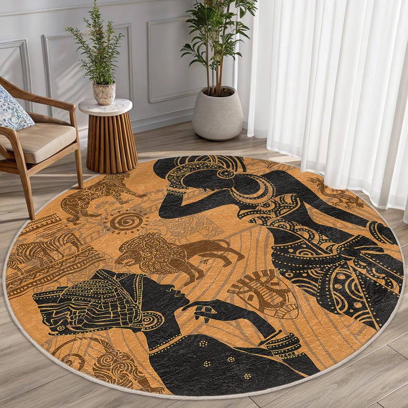 African Silhouette Art Round Rug -african Tribal Pattern Circle Area ...