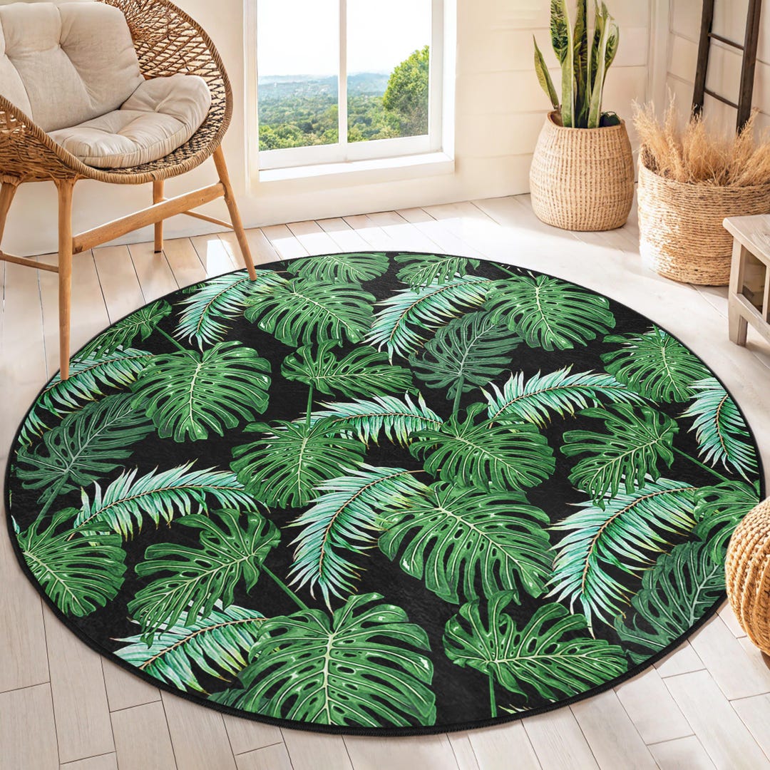 Tropical Leafy Green Design - Round Rug-lush Foliage Black Background ...