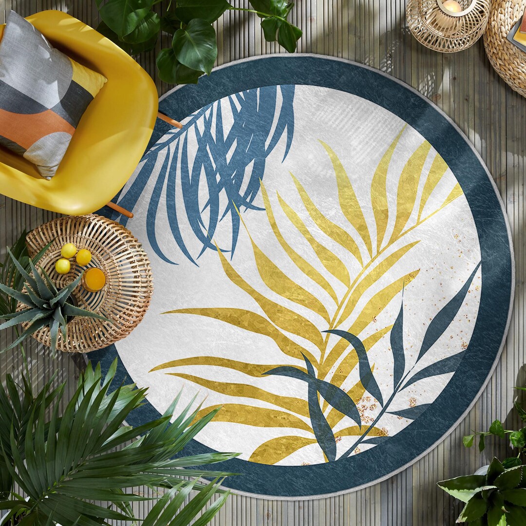 Tropical Leaf Design Round Rug - Palm Ferns Accent Circle Mat - Ocean ...