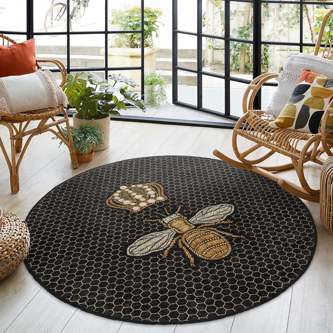 Hexagon Honey Bee Round Rug - Bee Honeycomb Circle Carpet -black Bee ...