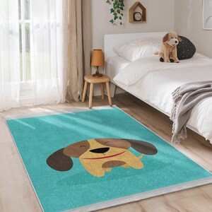 Cute Puppy Design Rug - Turquoise Cartoon Dog Mat - Colorful Kids Room ...