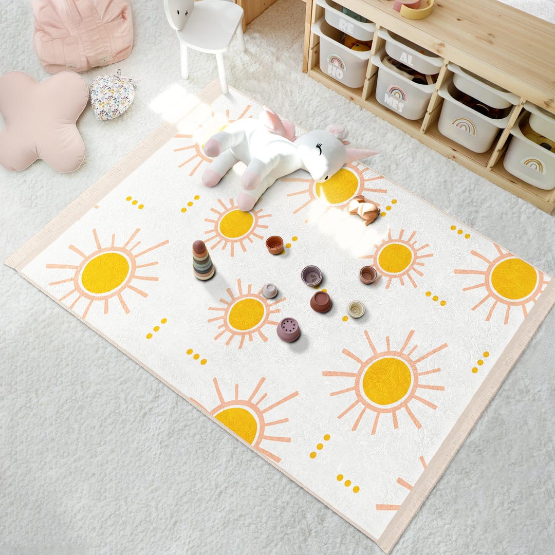 Sunburst Design Nursery Rug - Playful Yellow Sun Motif Mat - Kids Room ...