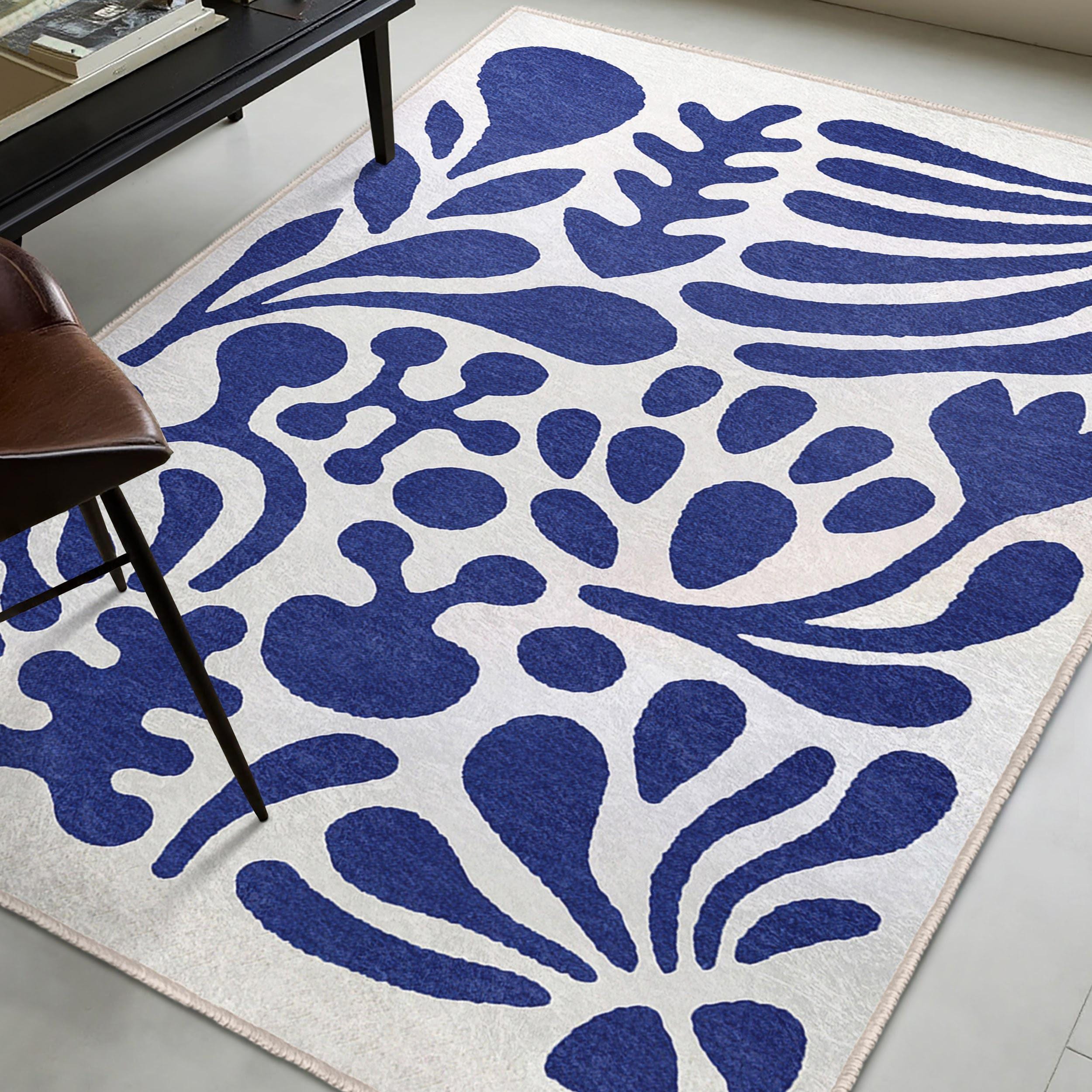 Abstract Blue Accent Rug - Bold Leaf Silhouette Carpet - Modern ...