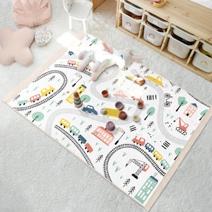 Nursery Road Map Rug-cars Train Tracks Mat-carpet for Kids Room ...