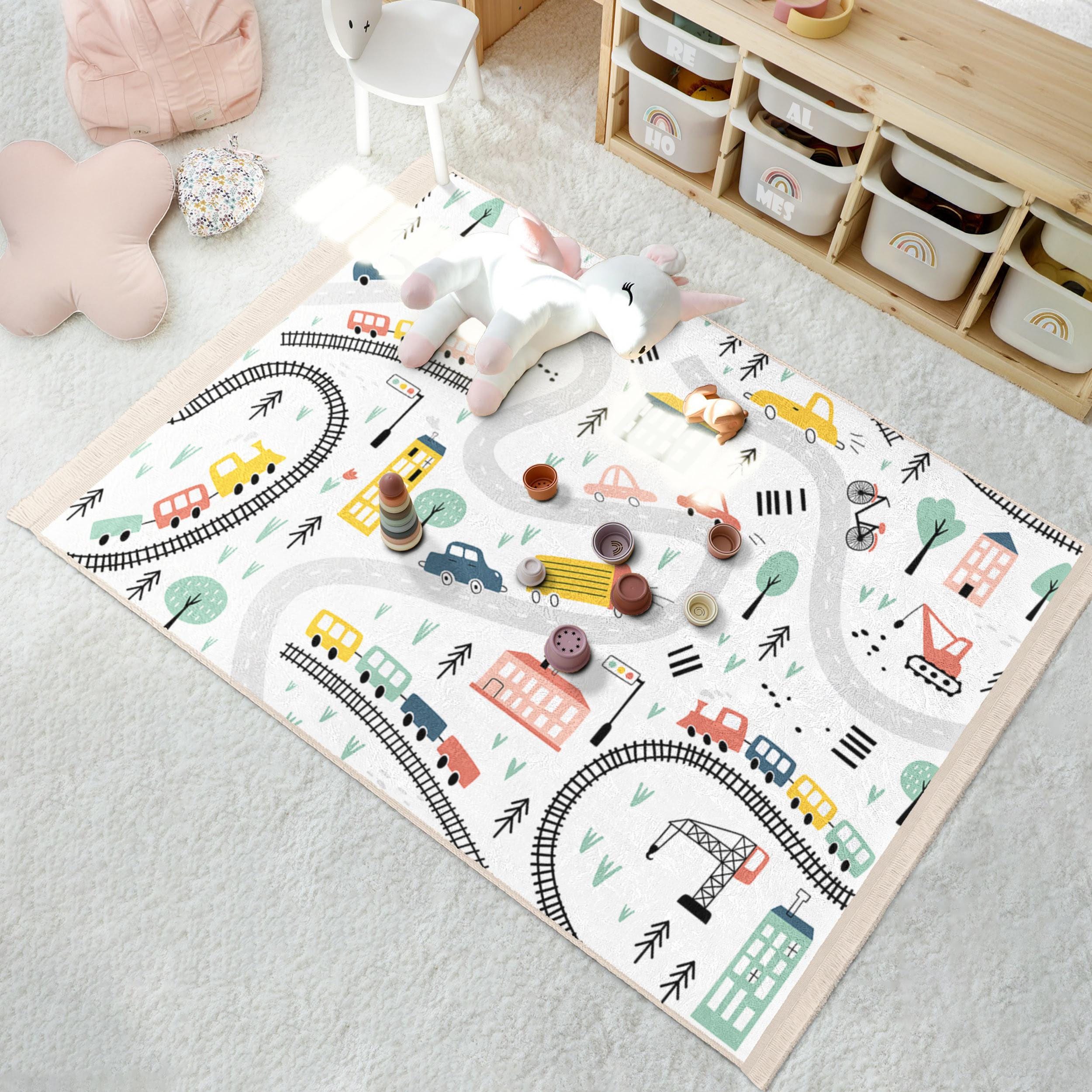 Carte routière pour chambre d'enfant, tapis voitures, voie ferrée ...