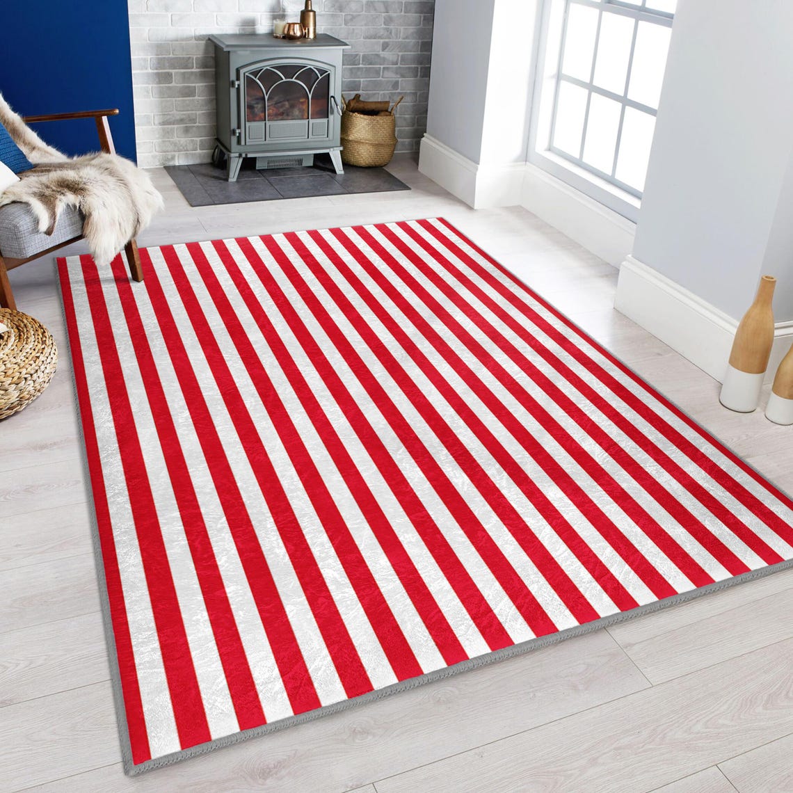 Red Striped Area Rug - White Horizontal Accent Carpet - Bold Lines ...