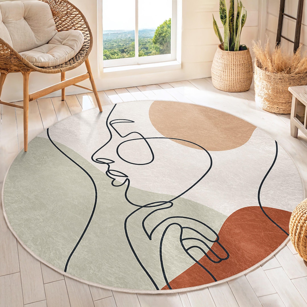 Abstract Line Art Face Round Rug - Minimalist Modern Art Circle Carpet ...