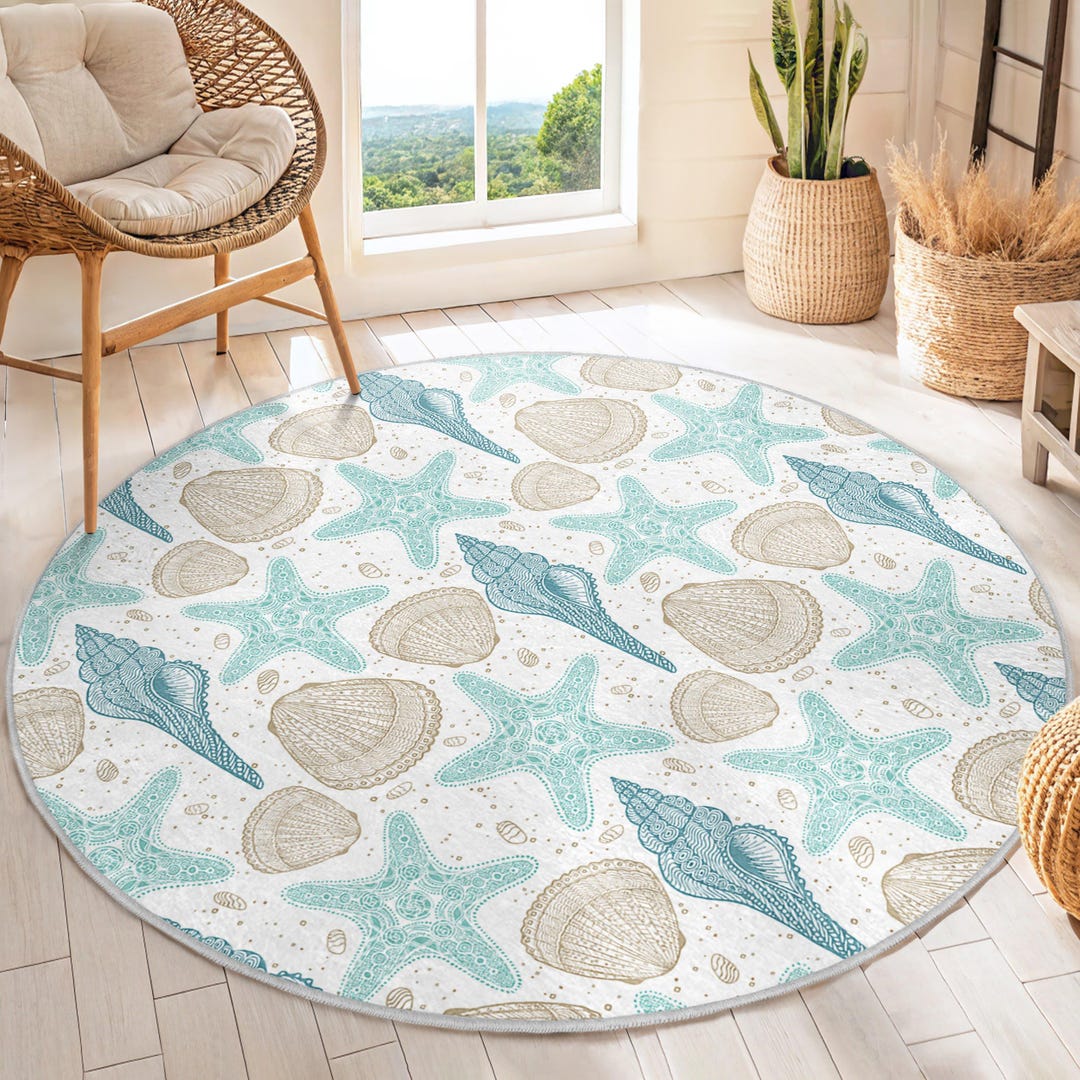 Aqua Starfish Seashell Round Rug -ocean Beach Motif Area Rug-coastal ...