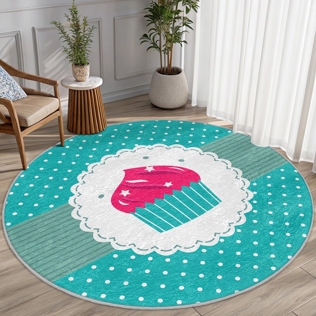 Playful Cupcake Pattern Round Rug-teal Polka Dot Theme Circle Carpet ...