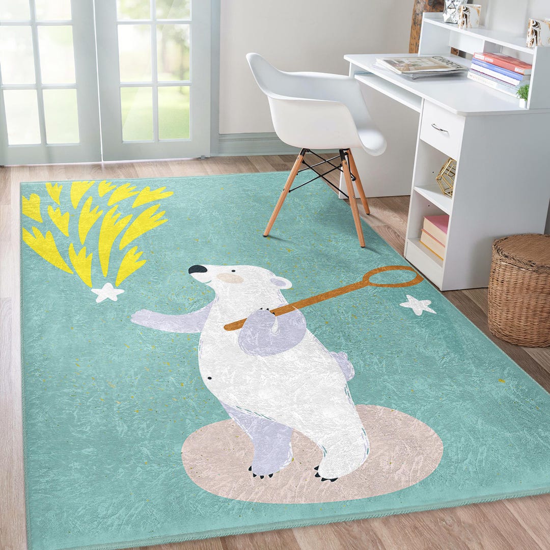 Polar Bear in Whimsical Rug - Bear Bubble Fun Pattern Mat - Teal Kids ...
