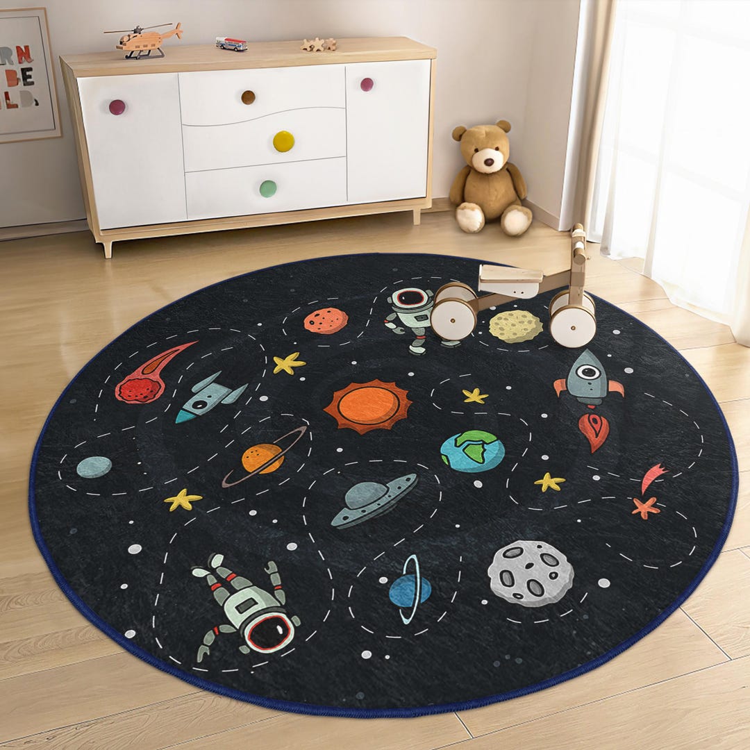 Space Theme Kids Room Round Rug - Planets Rockets Stars Circle Carpet ...