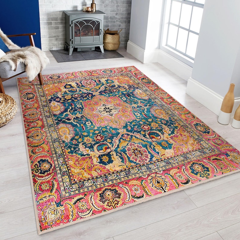 Brocade Multicolor Area Rug-vintage Floral Medallion Accent Carpet ...
