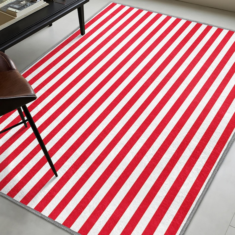 Red Striped Area Rug - White Horizontal Accent Carpet - Bold Lines ...