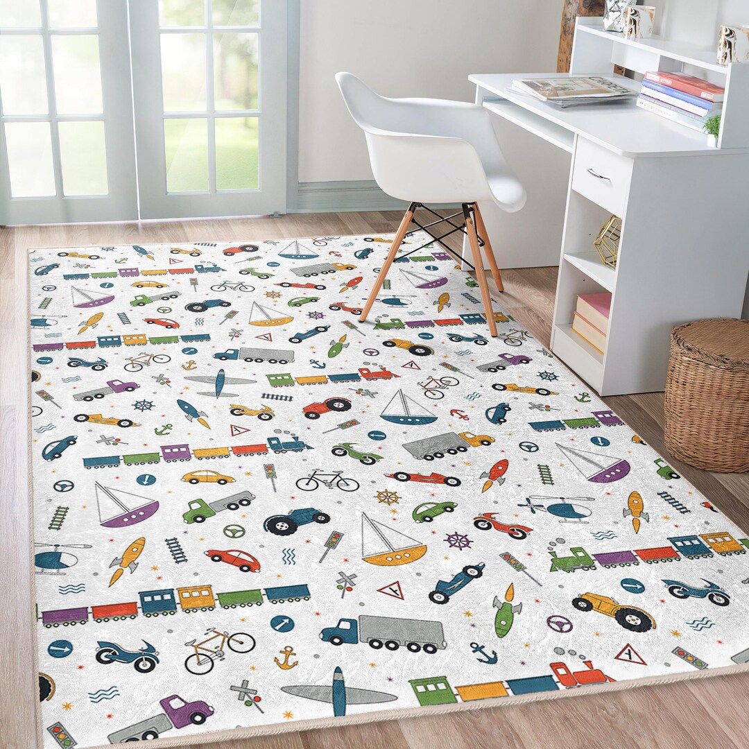 Colorful Transportation Theme Rug - Vehicles and Boats Pattern-kids ...