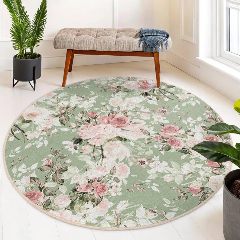 Floral Pastel Green Round Rug - Delicate Blooming Rose Pattern Accent ...