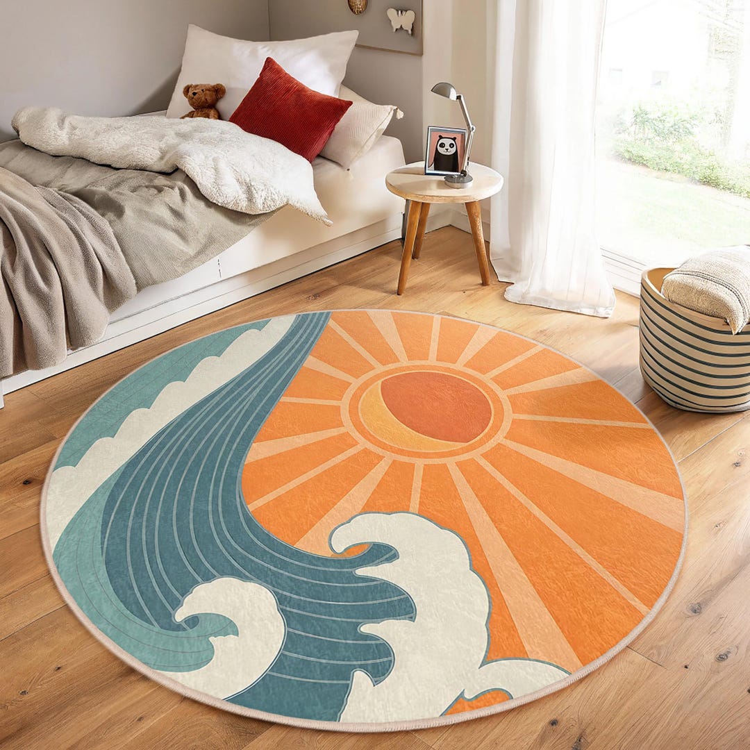 Sunburst Ocean Wave Kid's Room Round Rug -stylish Orange Blue Art ...