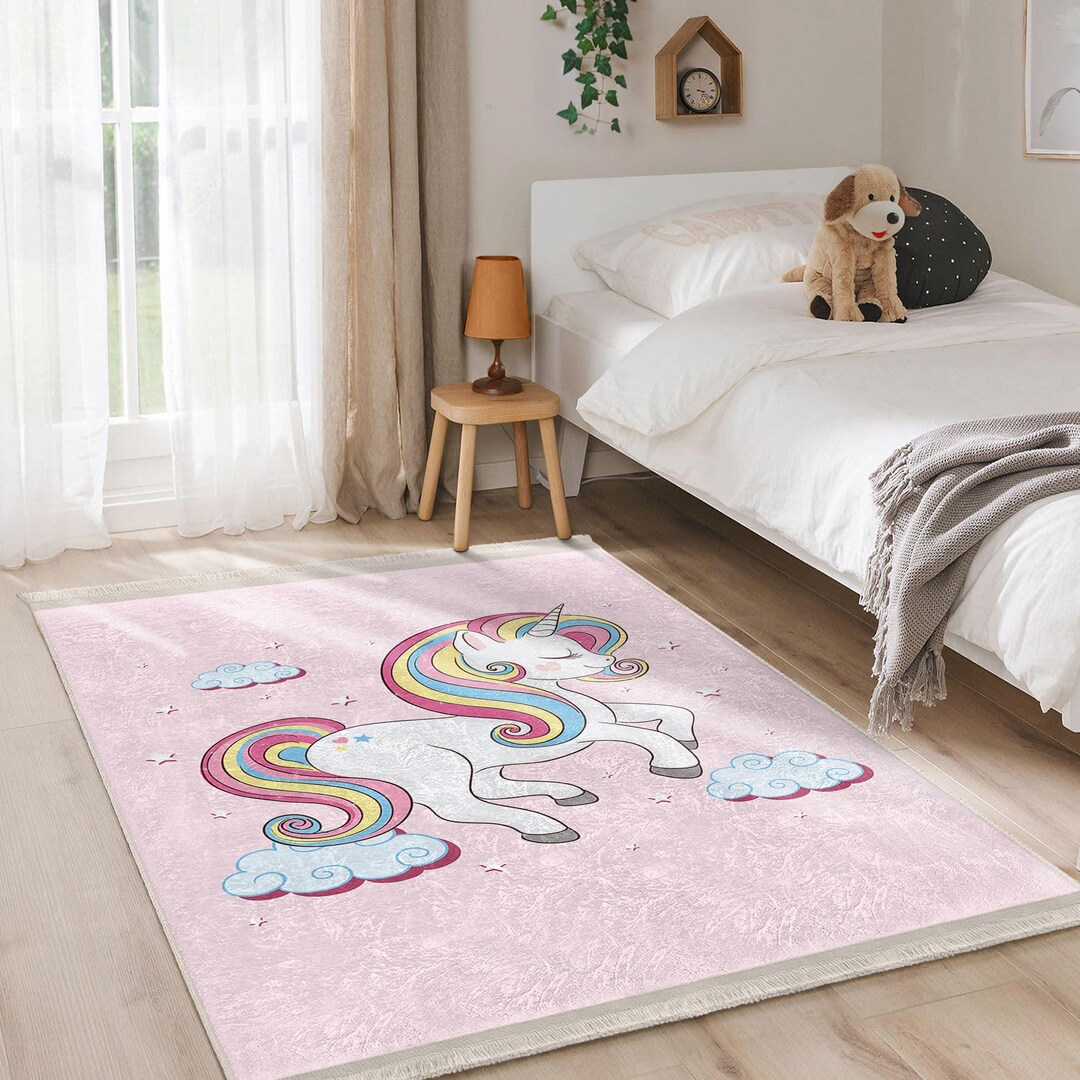 Unicorn Fantasy Pastel Rug - Cartoon Clouds Rainbow Pattern Mat ...