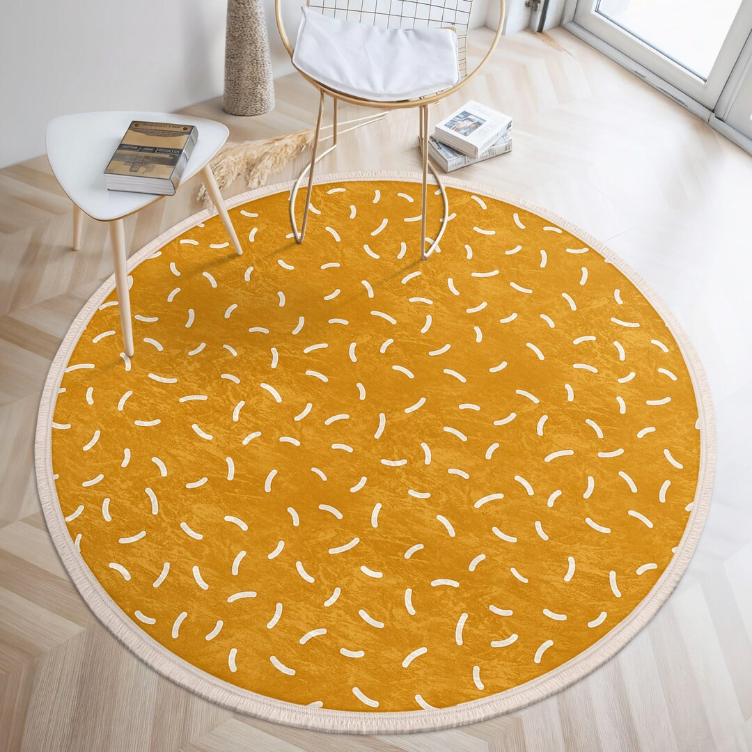 Mustard Sprinkle Pattern Round Rug - Dotted White Lines Area Carpet ...