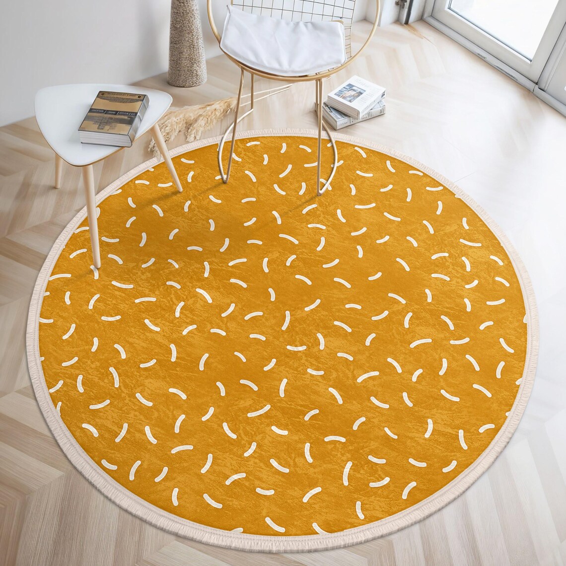 Mustard Sprinkle Pattern Round Rug - Dotted White Lines Area Carpet ...