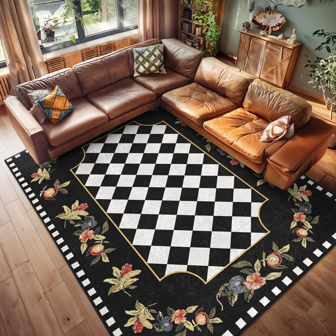 Black Checkered Centerpiece Area Rug - Floral Border Accent Carpet ...