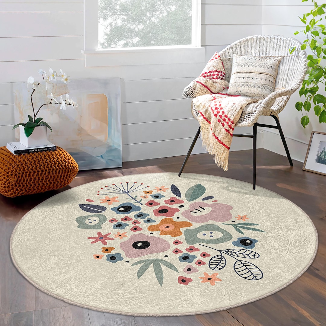 Whimsical Floral Pastel Round Rug - Blooming Botanical Pattern Circle ...