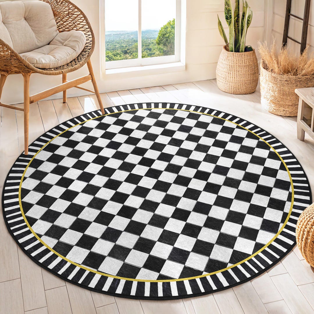 Checkered Black White Design Round Rug - Contrasting Checkerboard ...