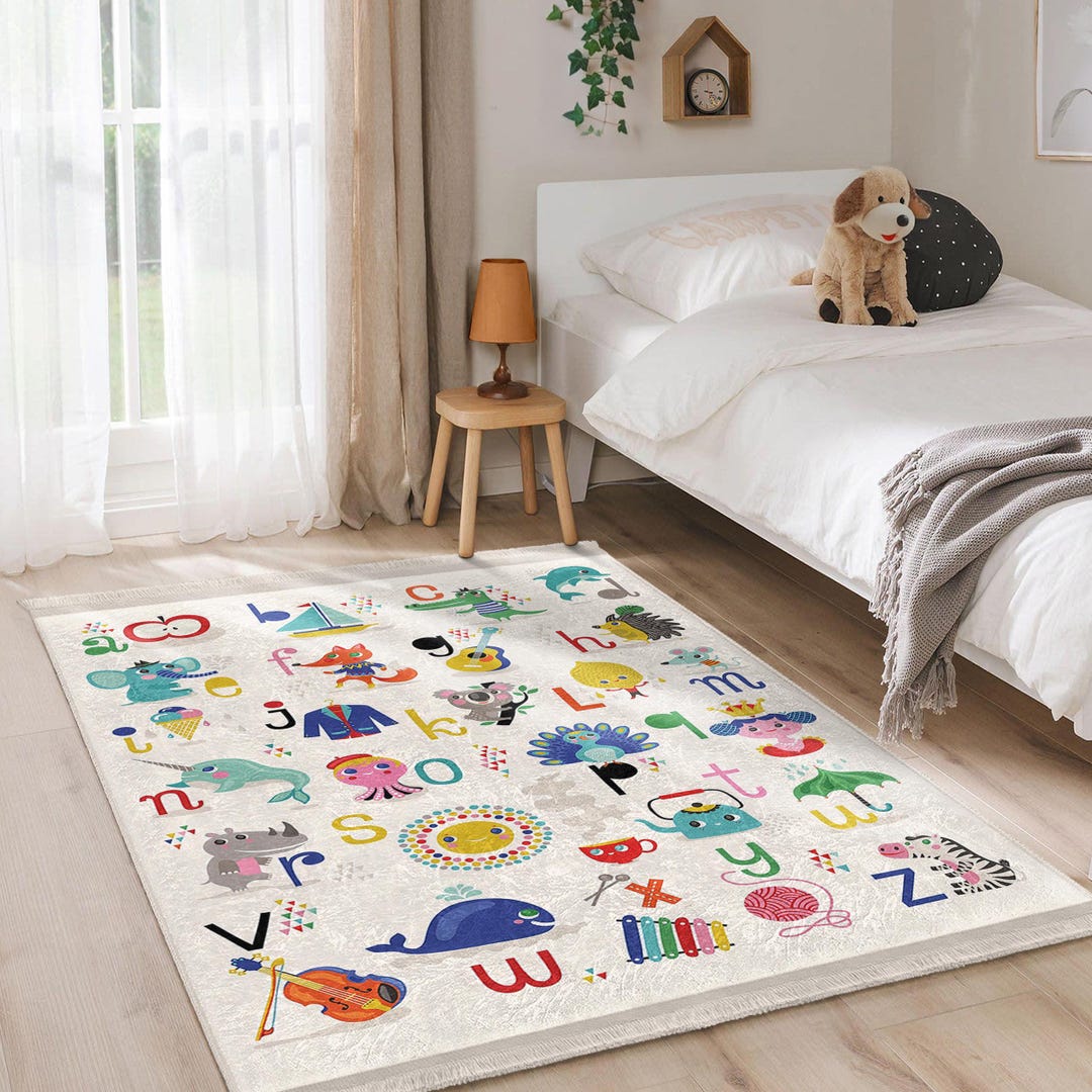 Alphabet Animals Nursery Learning Rug-colorful Cartoon Letters Carpet ...
