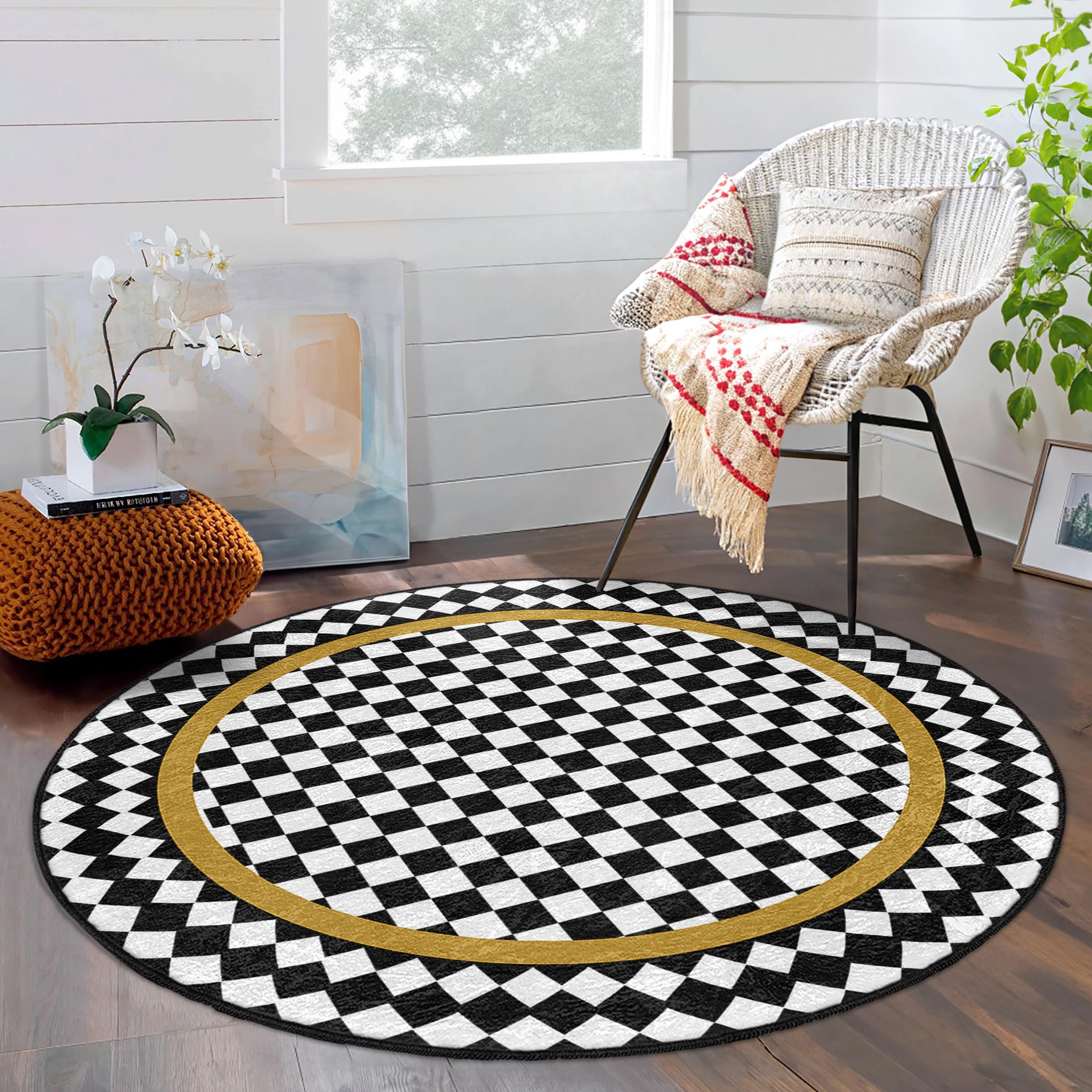 Geometric Elegance Round Rug -harlequin Circle Mat -black White ...