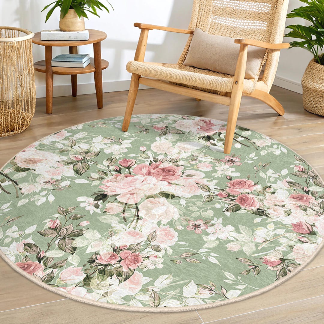 Floral Pastel Green Round Rug - Delicate Blooming Rose Pattern Accent ...