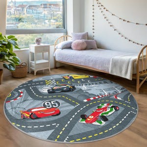 Race Cars Adventure Kids Room Round Rug - Cartoon Roads Circle Carpet ...