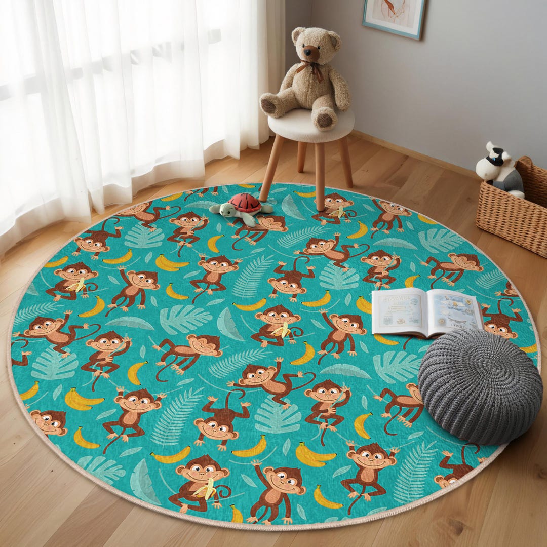 Jungle Monkey Kids Room Round Rug - Bananas Leaves Teal Circle Carpet ...