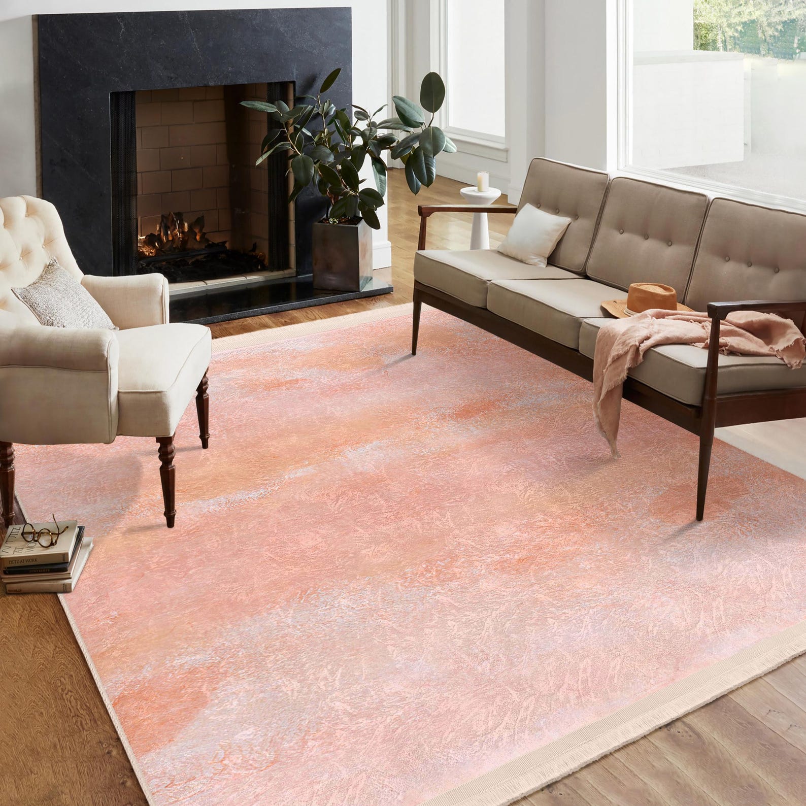 Sunset Blush Area Rug - Faded Peach Texture Mat -pastel Non Slip Runner ...