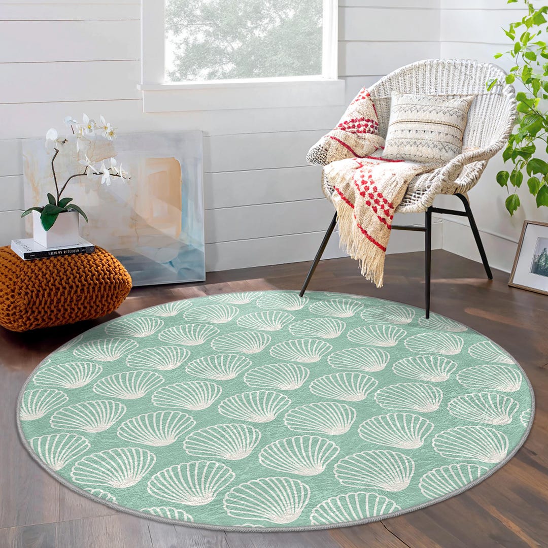 Floral Seashell Pattern Round Rug - Coastal Pastel Green Circle Mat ...