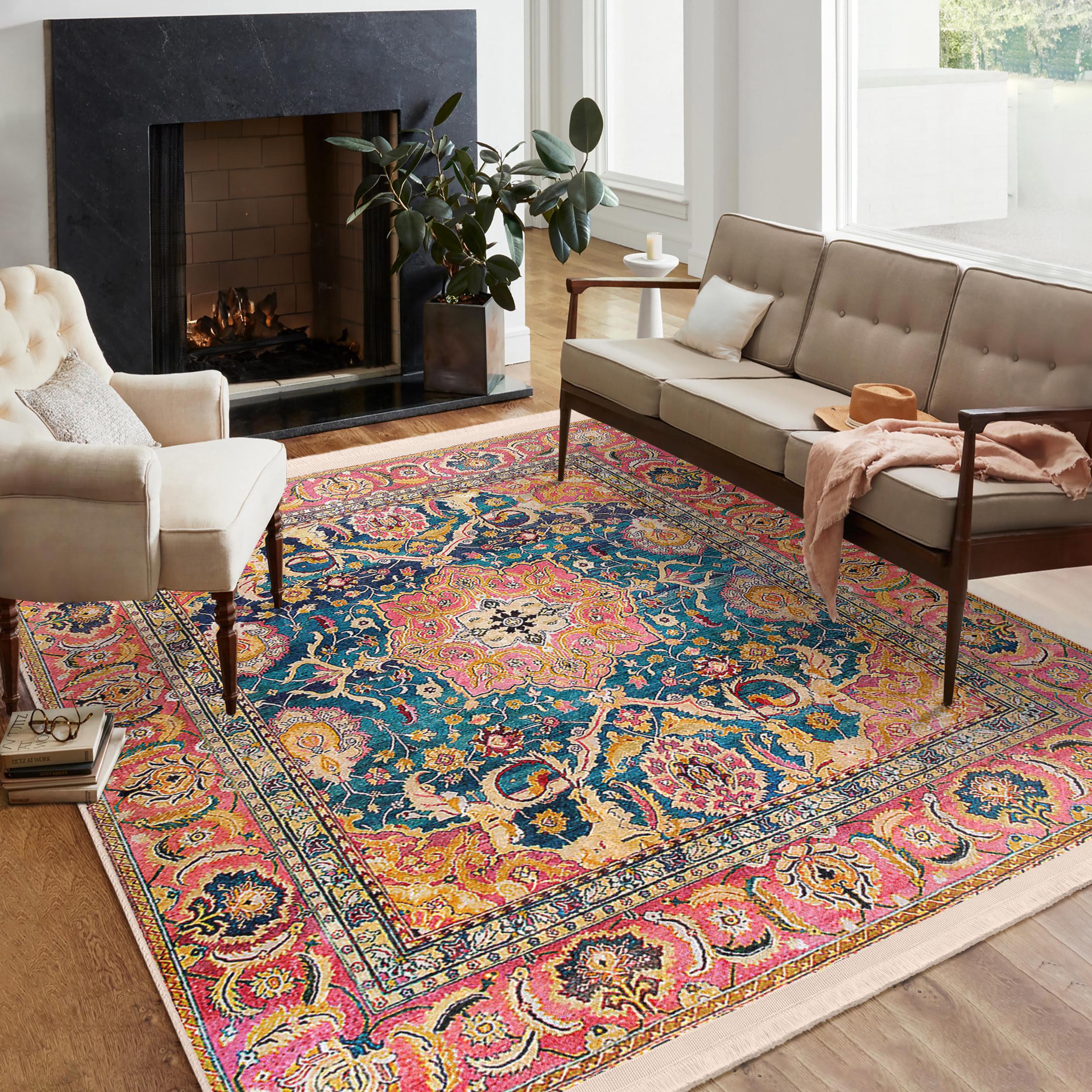 Brocade Multicolor Area Rug-vintage Floral Medallion Accent Carpet ...
