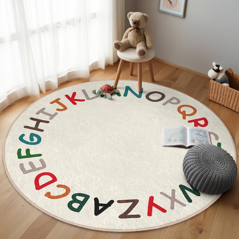 Multicolor Alphabet Kids Room Round Rug - Bright Letters Circle Mat ...