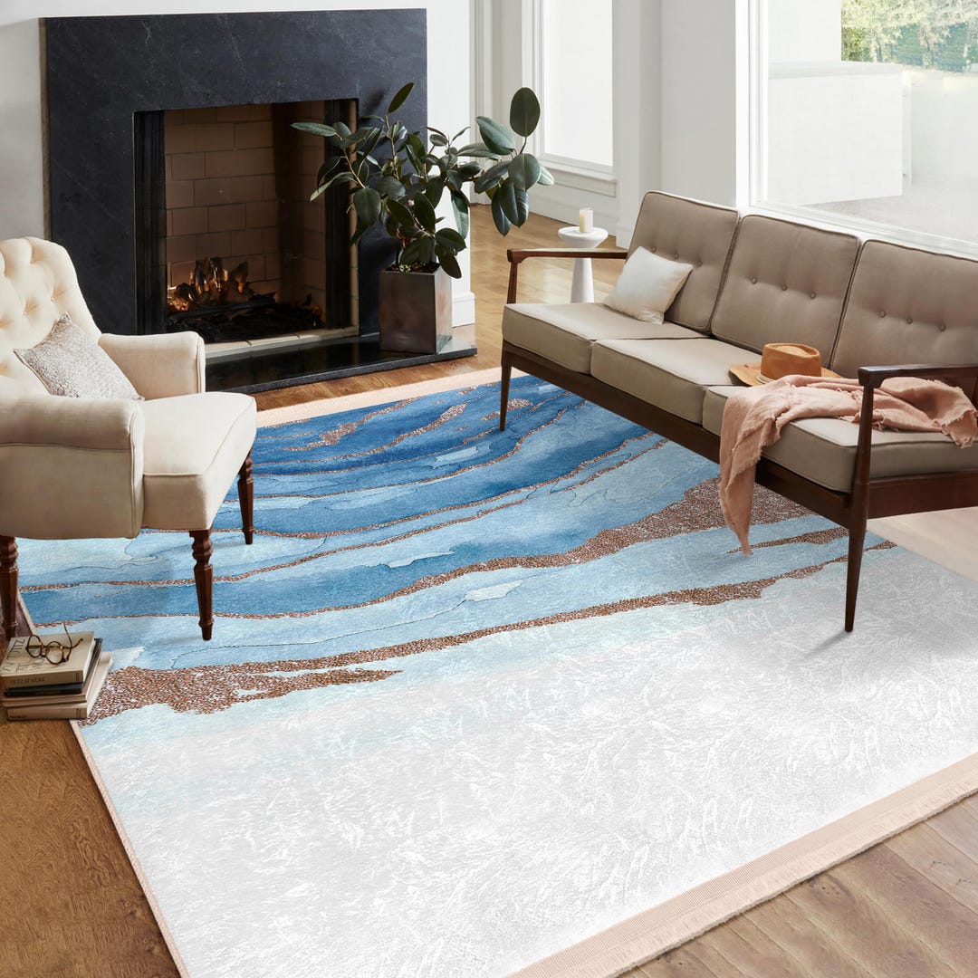 Blue Abstract Waves Area Rug-swirling Brown Accents Mat-mineral Print ...